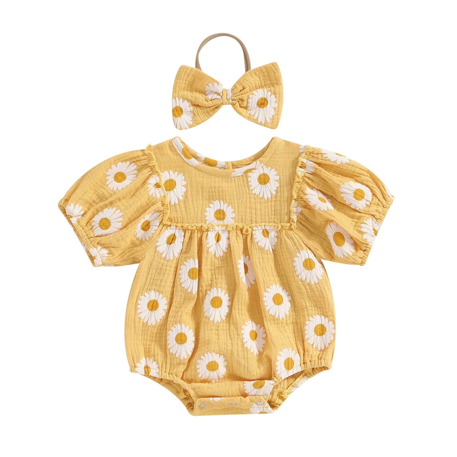 Baby Girls Daisy Print Short Sleeve Rompers Bodysuits Summer Clothes with Headband Set for ...