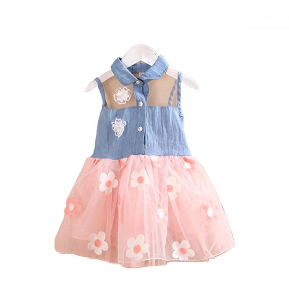 Baby Girls Dress Pink Floral Toddler Denim Tutu Tulle Wedding Tea Party ...