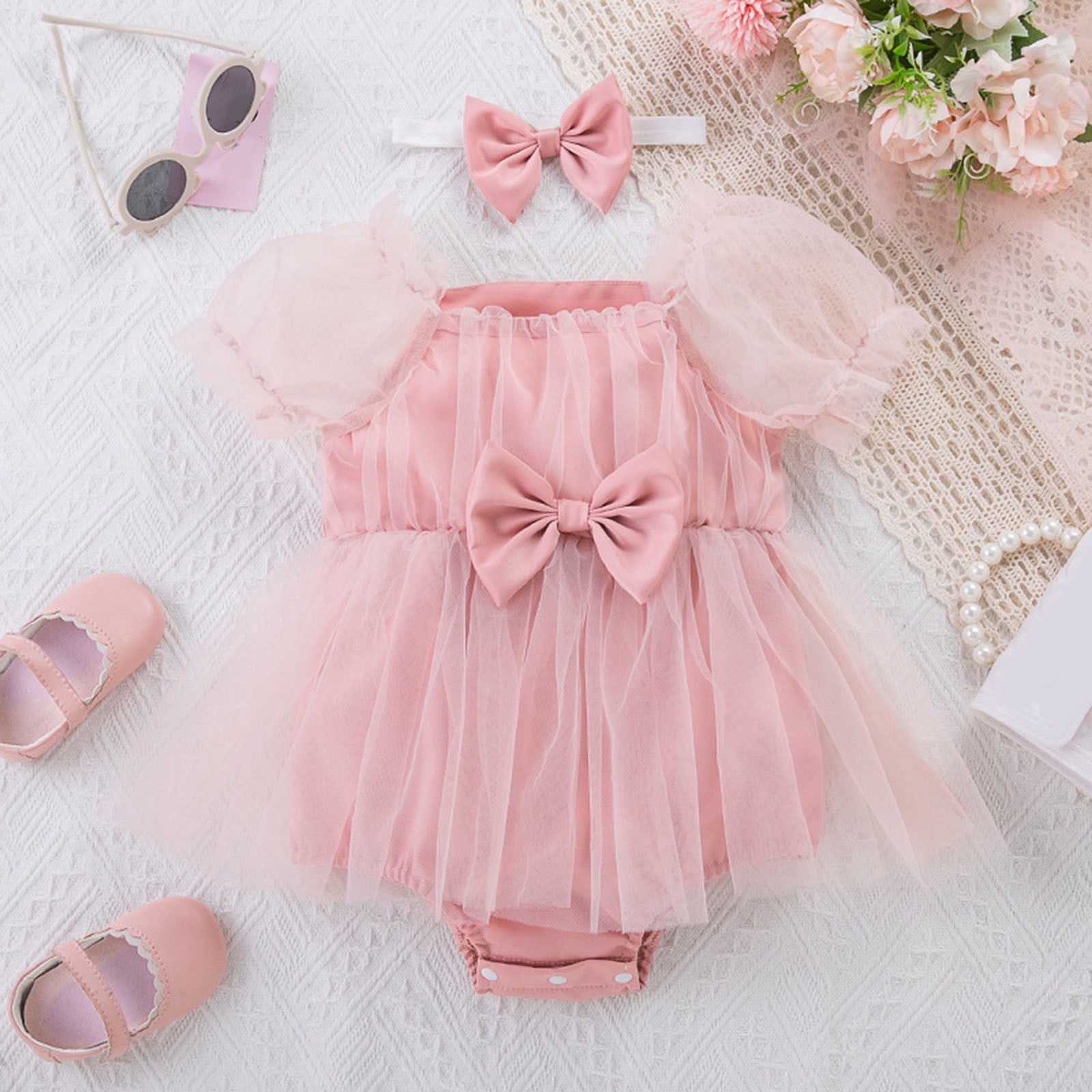 Baby Girls' Dresses Solid Color Romper Short Sleeve Bodysuit Girls ...