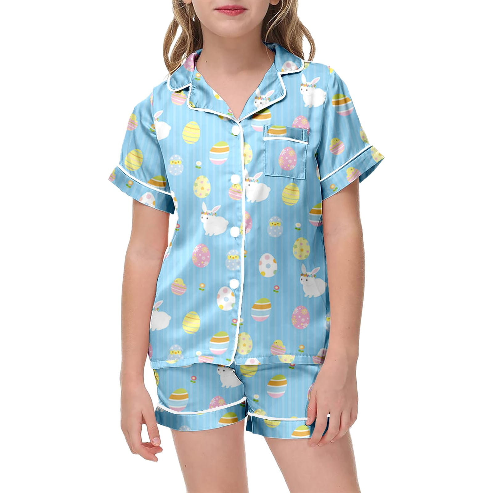 Baby Girls' Easter Pajamas, Cartoon Printed Button Collar Short Sleeve ...