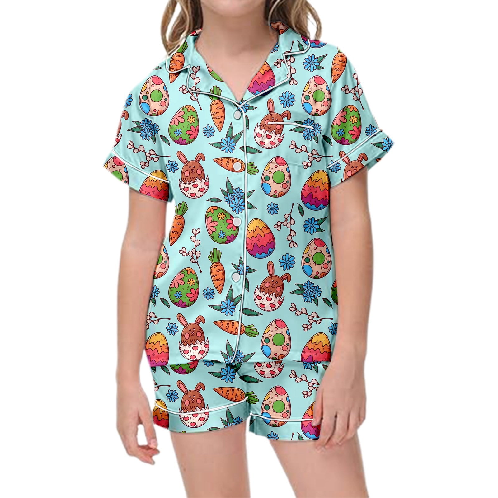 Baby Girls Easter Pajamas Set Button Collar Cartoon Bunny Floral Print ...