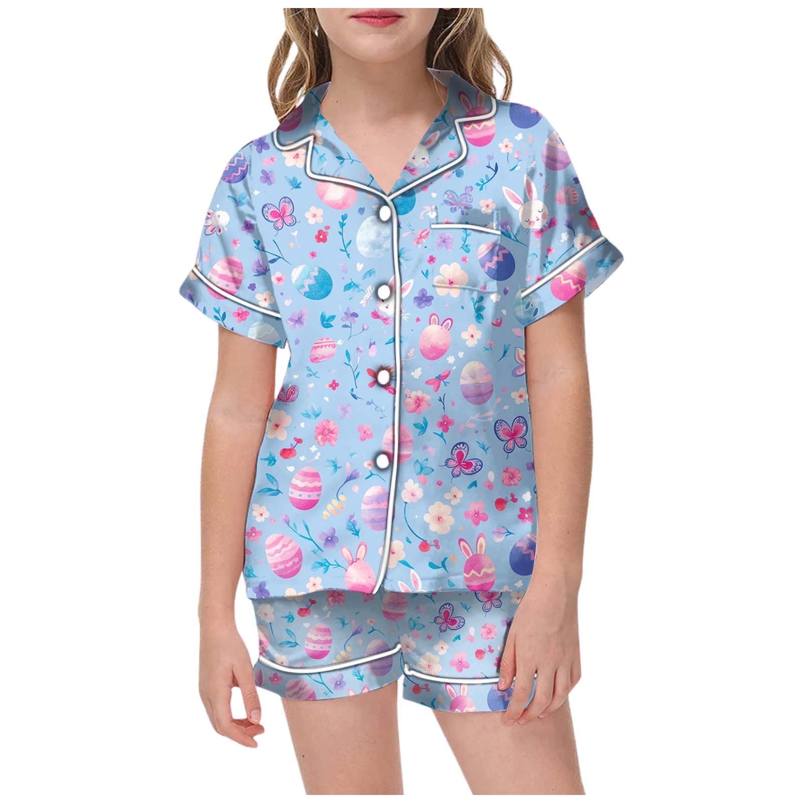 Baby Girls Easter Pajamas Set Cartoon Print Lapel Collar Short Sleeve ...