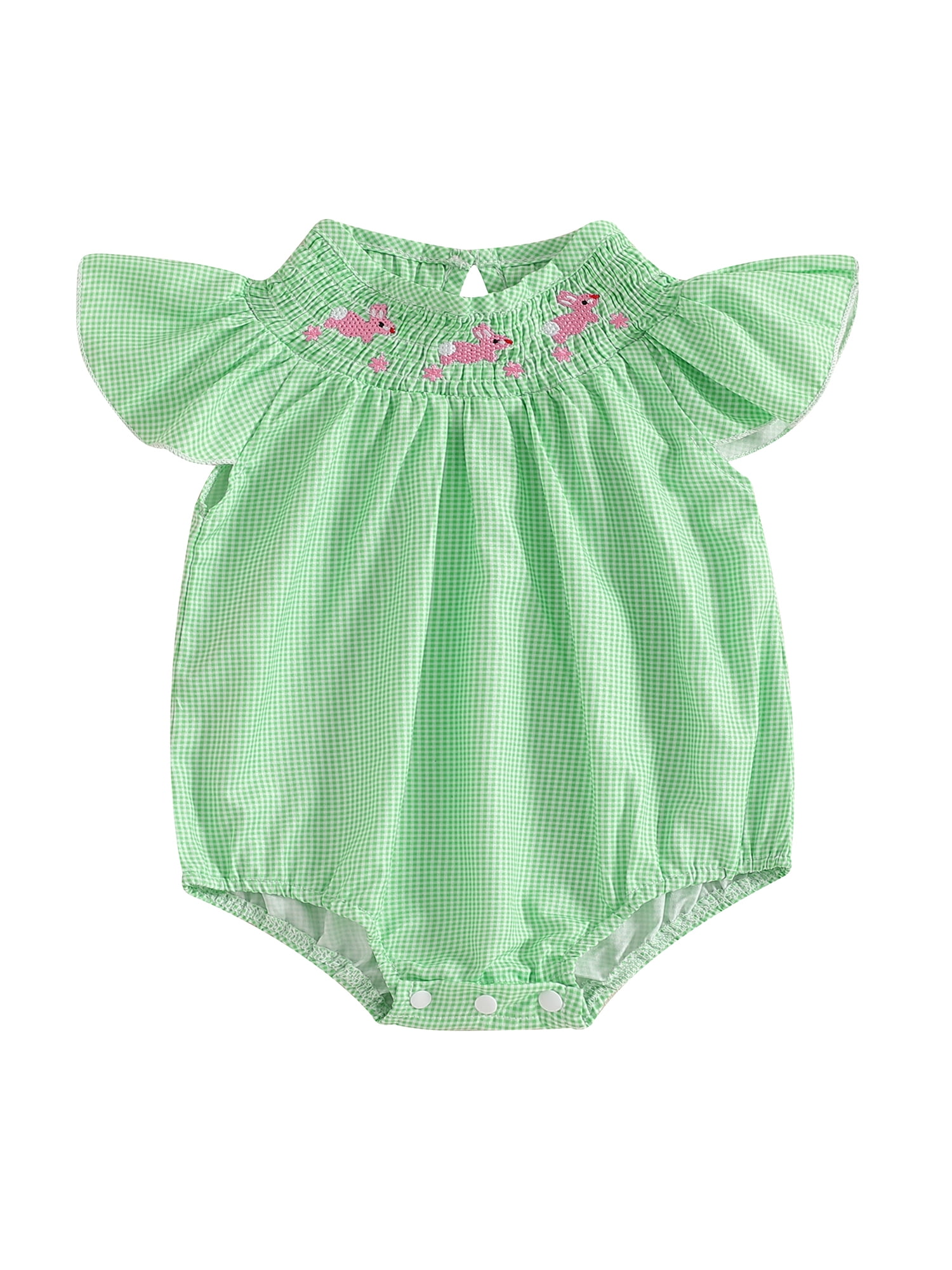 Baby Girls Easter Romper Bunny Embroidery Plaid Pattern Flying Sleeve ...