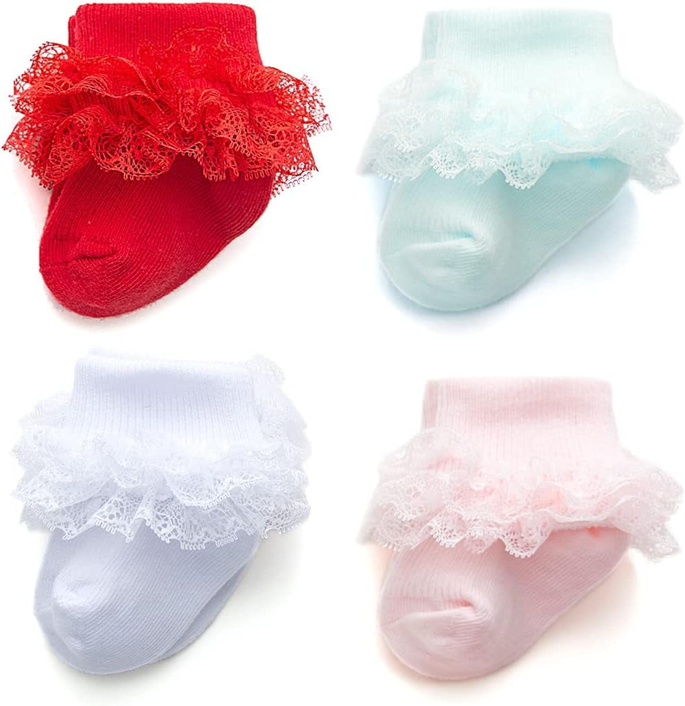 Baby-Girls Eyelet Turn Cuff Ruffle Lace Socks Triple Lace Dressy Socks ...