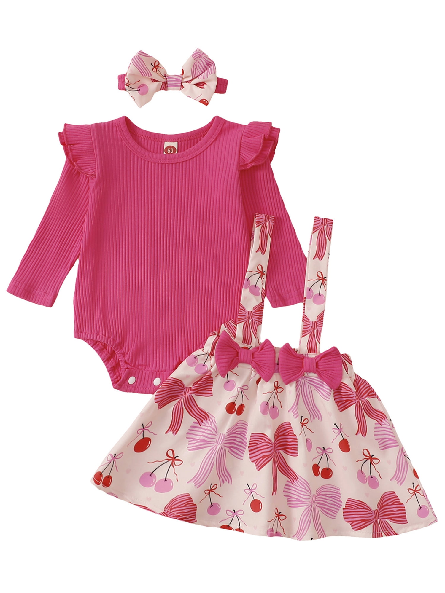 Baby Girls Fall Outfits Long Sleeve Romper + Floral/Strawberry Print Suspender Dress + Headband ...