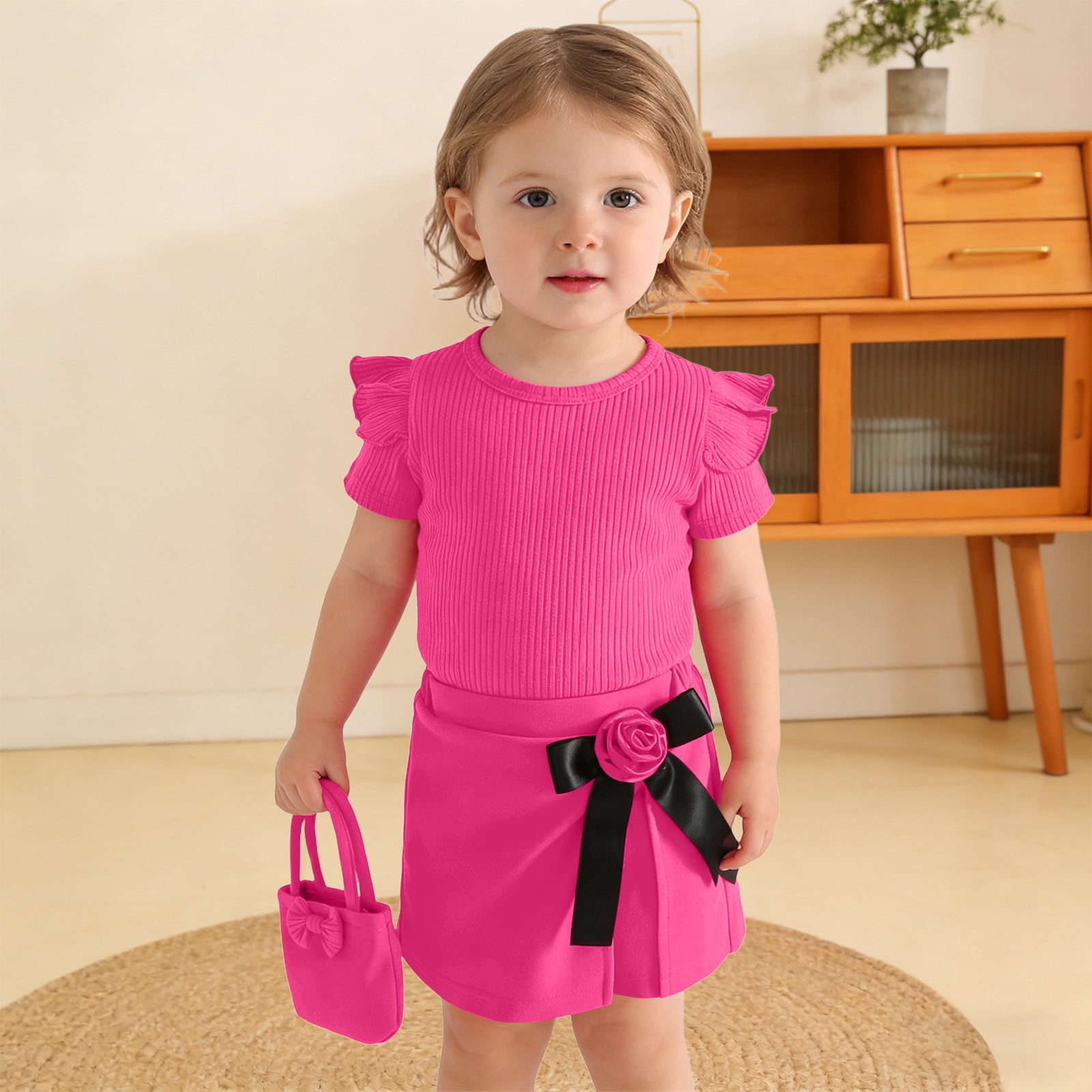 Baby Girls' Fashion 0-3Y 3 Piece Outfit, Rib Short Sleeve Top & Bow ...