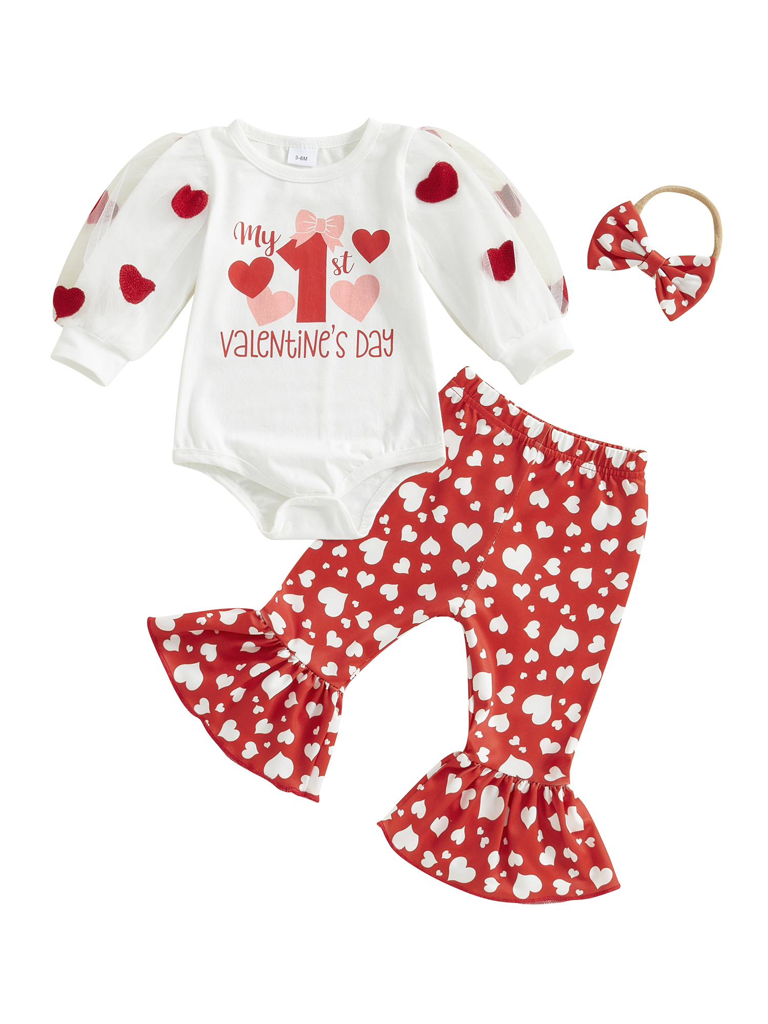 Baby Girls First Valentines Day Outfit Puff Sleeve Letters Print Romper Heart Flare Pants ...