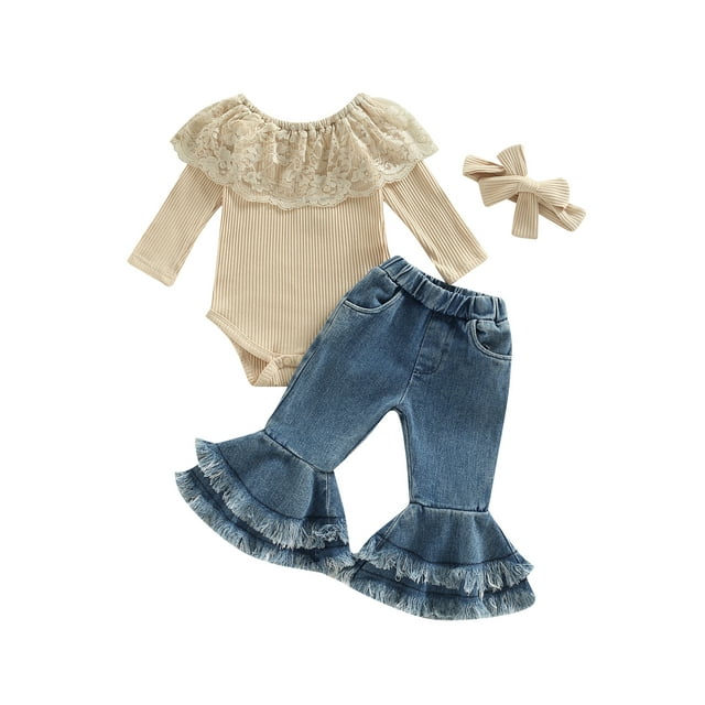 Baby Girls Flared Pants Suit Set 3pcs Ribbed Tops Lace Romper Shirt ...