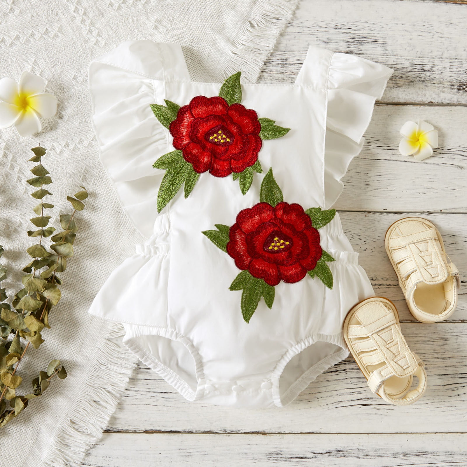Baby Girls Fly Sleeve Floral Embroidery Ruffles Romper Bodysuits ...