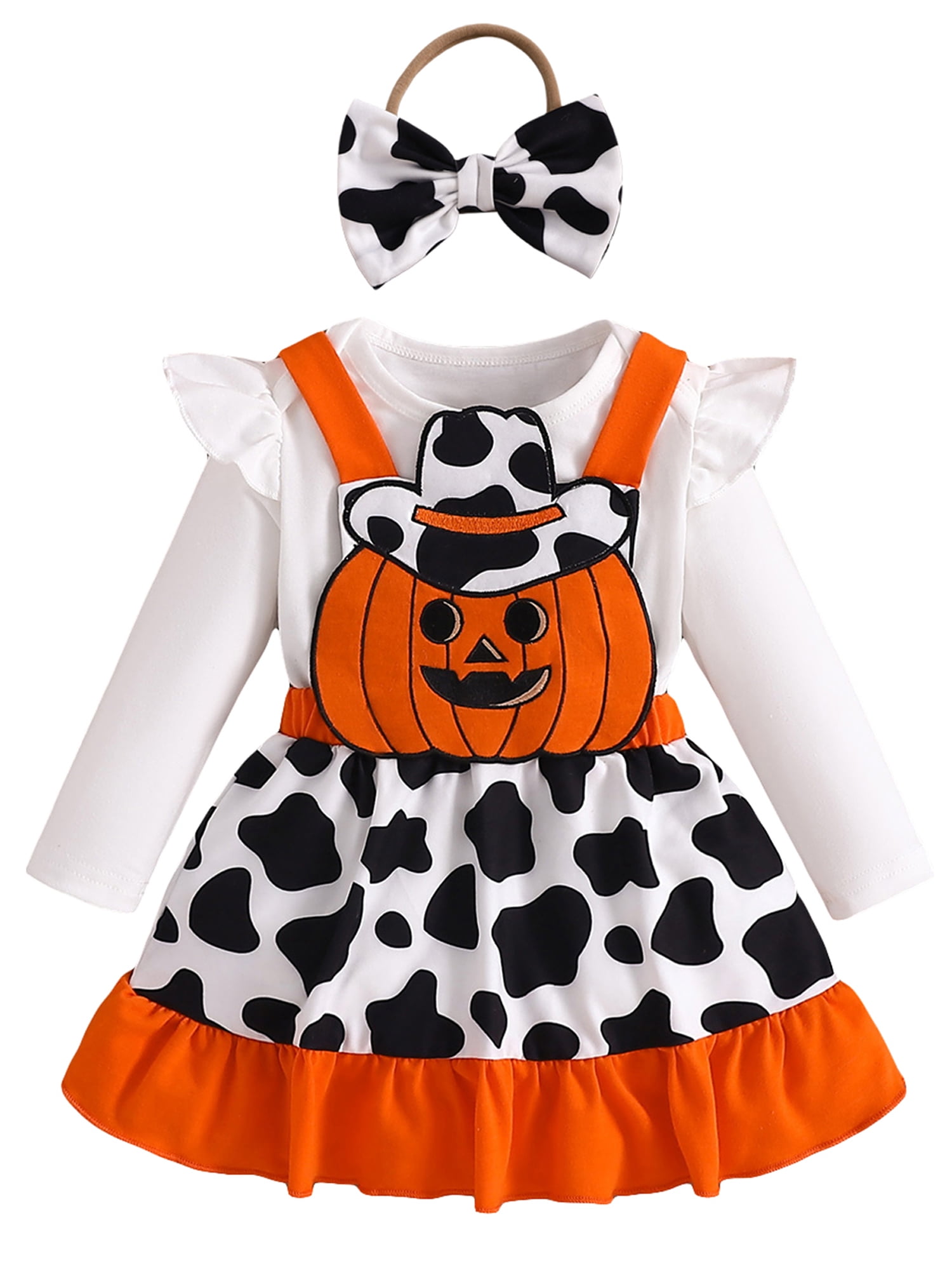 Baby Girls Halloween Outfit Flying Sleeve Romper Pumpkin Embroidery Suspender Dress and Headband ...