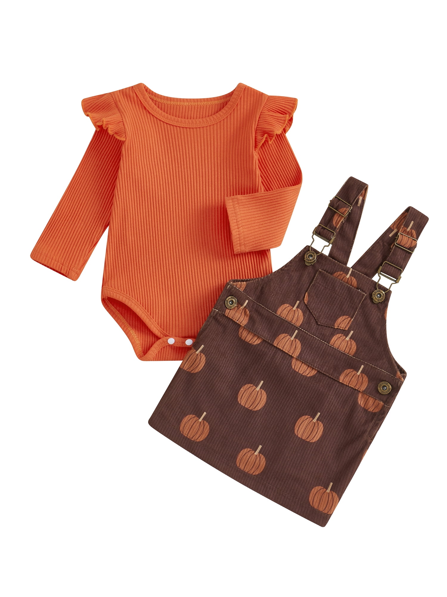 Baby Girls Halloween Outfits 2Pcs Long Sleeve Ruffled Ribbed Romper and Pumpkin Print Overalls ...
