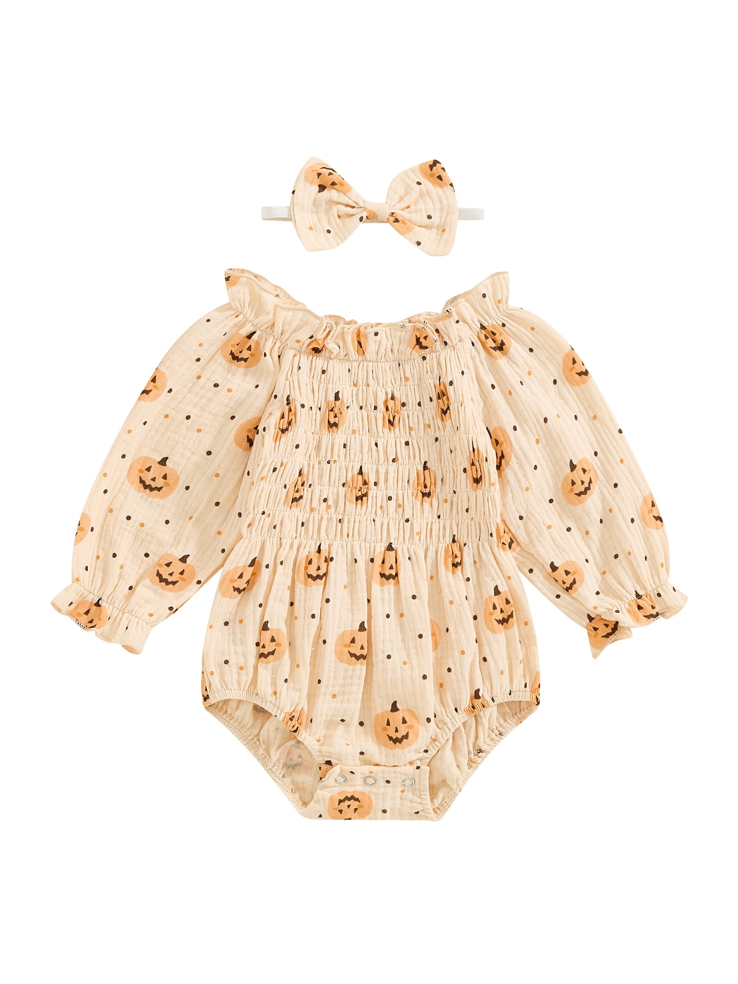 Baby Girls Halloween Outfits Long Sleeve Pumpkin Print Romper with Headband Set for Fall ...