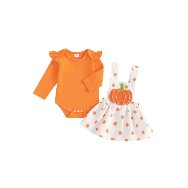 Baby Girls Halloween Outfits Long Sleeve Ruffle Romper Ghost/Pumpkin Embroidery Suspender Skirt ...