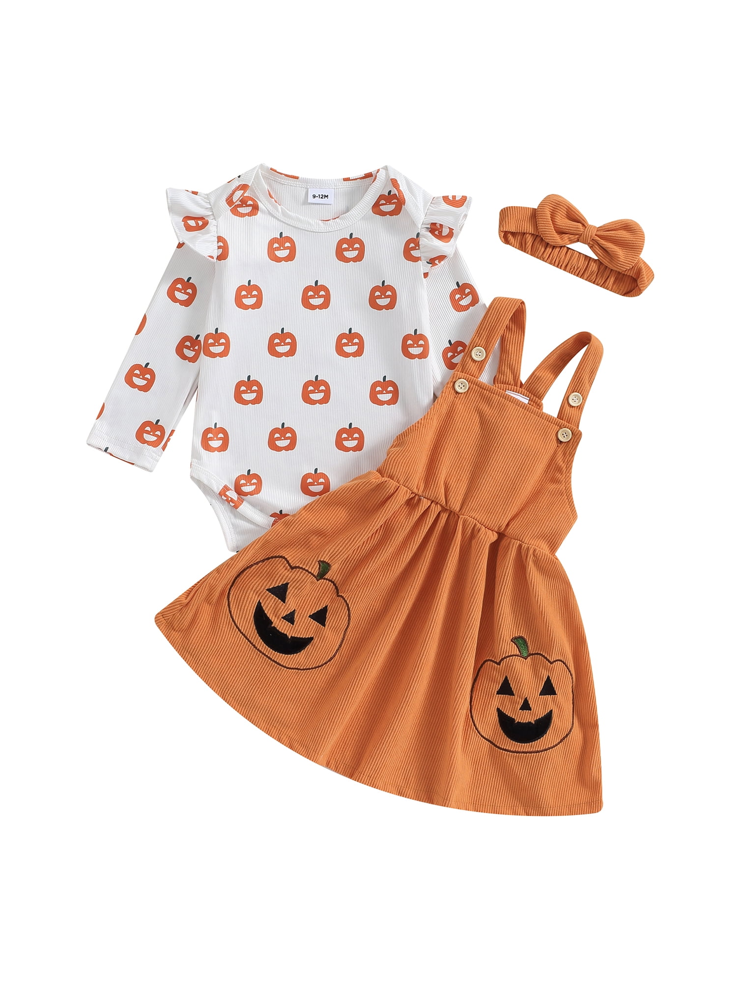 Baby Girls Halloween Outfits Pumpkin Long Sleeve Romper Bodysuit and Corduroy Suspender Skirt ...
