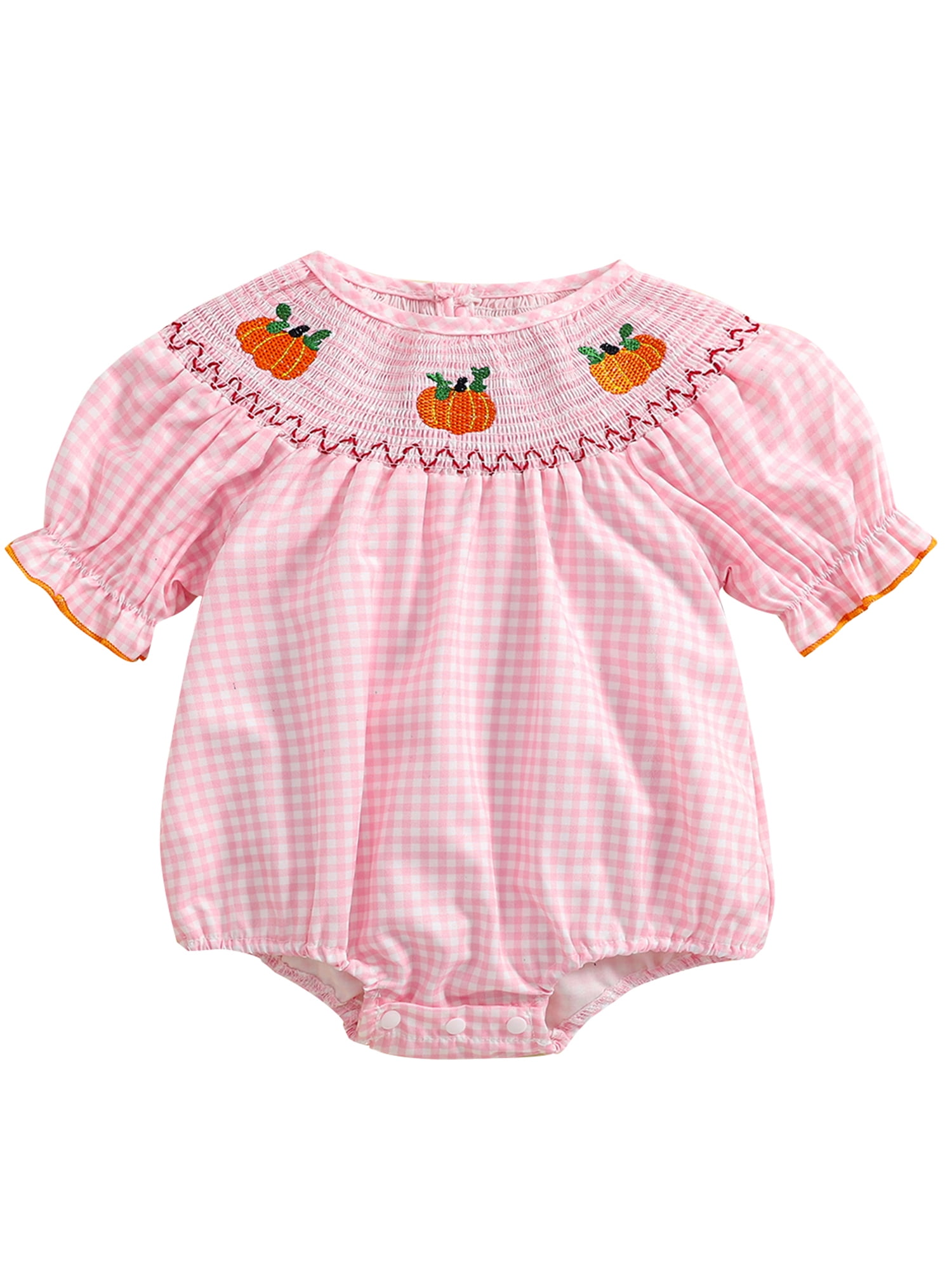 Baby Girls Halloween Romper Cute Plaid Pumpkin Embroidered Round Neck Jumpsuits Toddler Short ...