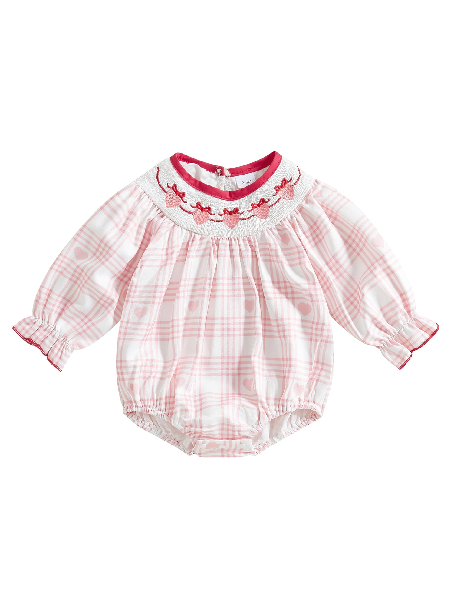 Baby Girls Heart Embroidery Bubble Romper Long Sleeve Plaid Smocked Bodysuit Jumpsuit Valentines ...