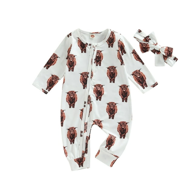 Baby Girls Highland Cow Floral Outfits Newborn Zip Up Onesie Romper with Headband Western ...