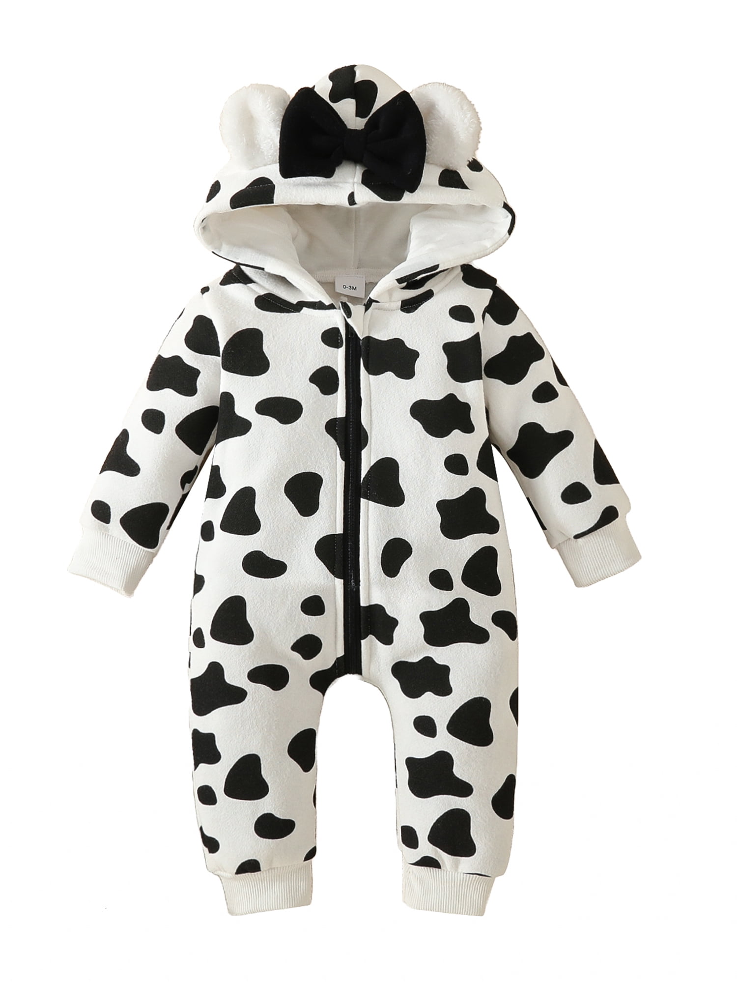 Baby Girls Hoodie Romper Long Sleeve Hooded Heart Cow Print Bow One Piece Jumpsuit Newborn ...