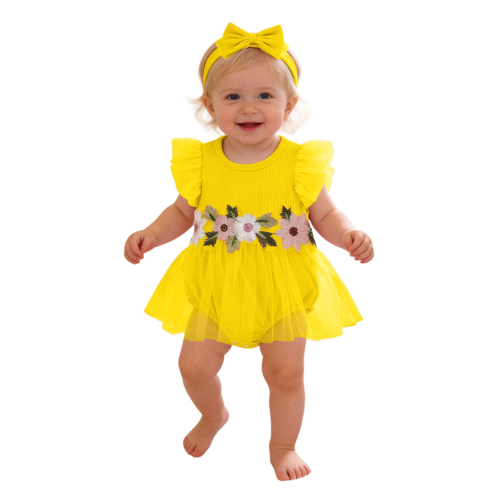 Baby Girls Jumpsuit Ribbed Sleeveless Romper Dress With Floral ...