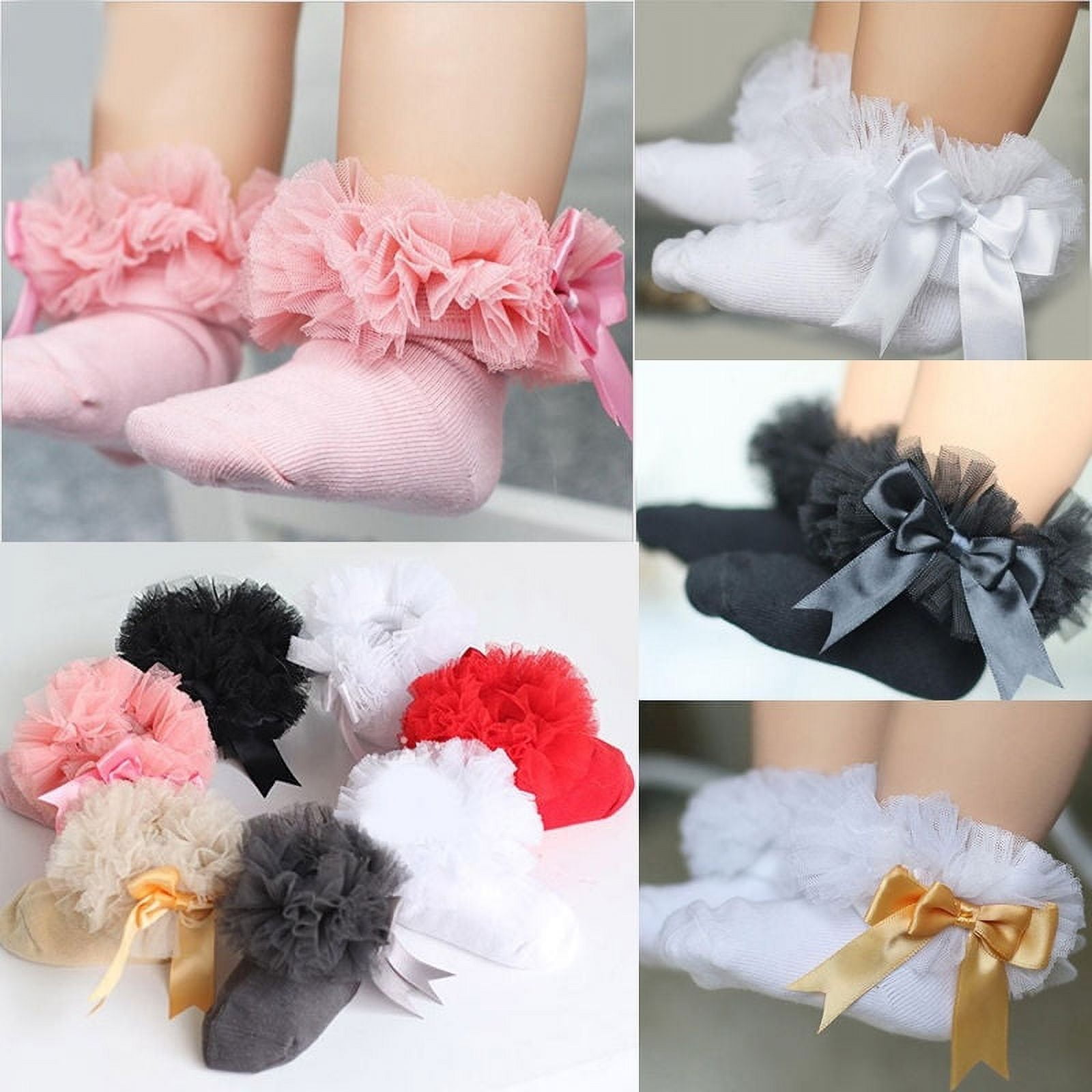 Baby Girls Kids Princess Bowknot Sock Lace Ruffle Frilly Trim Cotton ...
