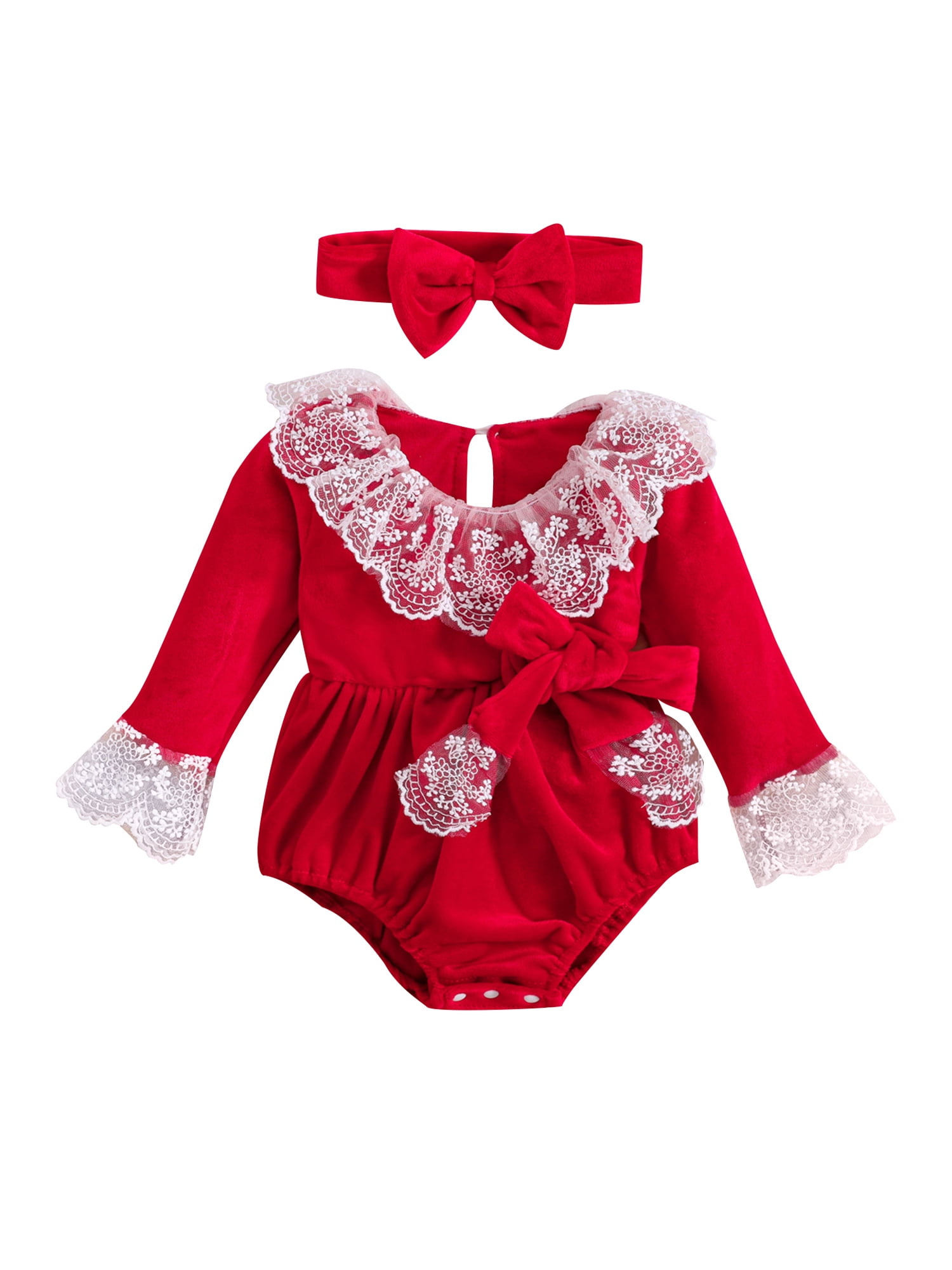 Baby Girls Long Sleeve Lace Collar Bow Romper with Red Headband ...