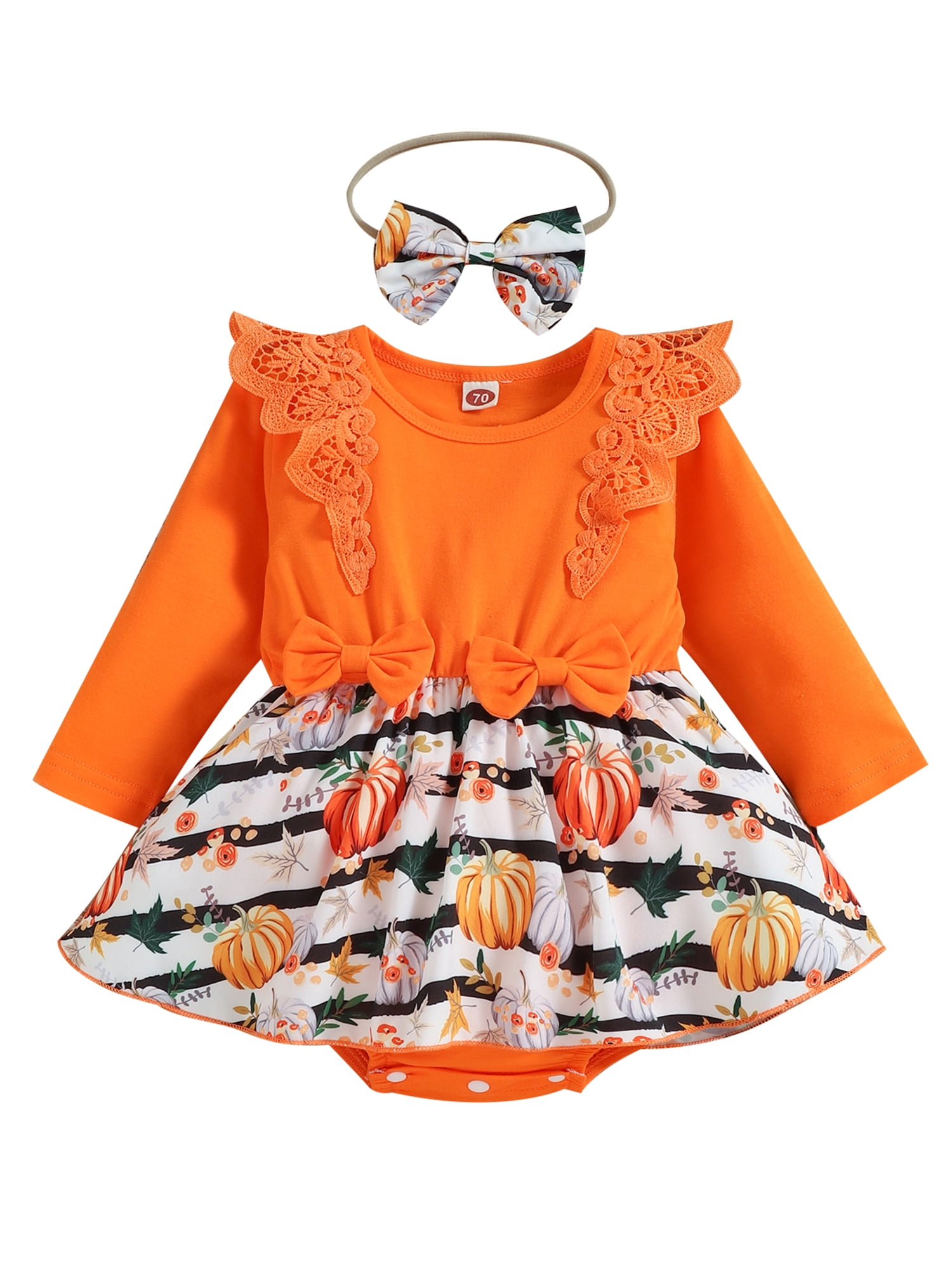 Baby Girls Pumpkin Stripe Print Lace Bodysuit + Bow Headband - Walmart.com
