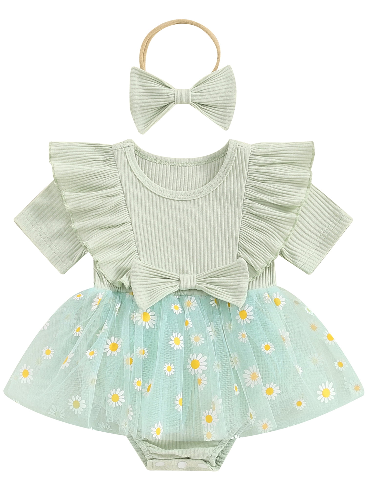 Baby Girls Ribbed Knit Romper Dress Daisy Floral Print Mesh Tulle Tutu ...