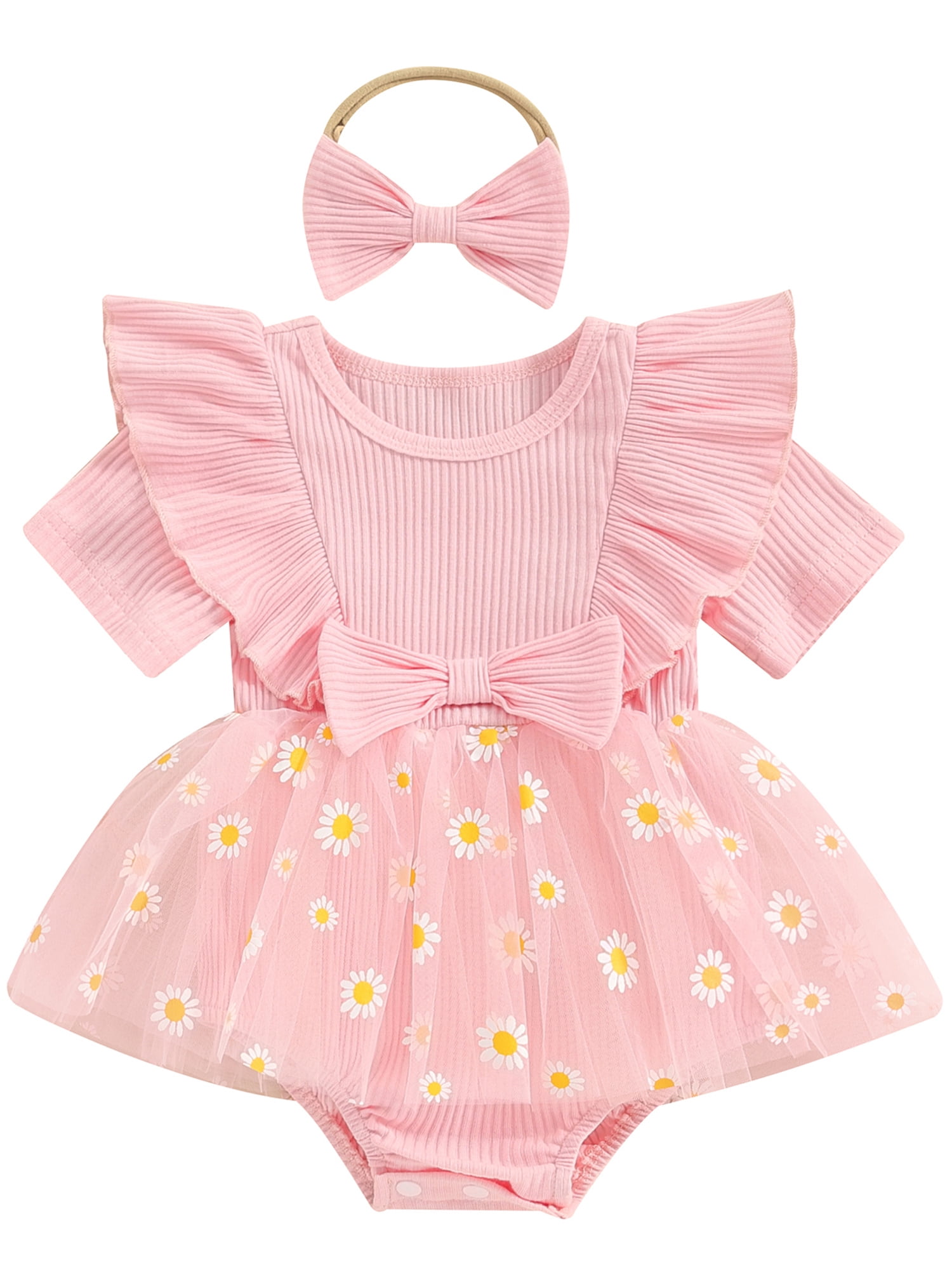 Baby Girls Ribbed Knit Romper Dress Daisy Floral Print Mesh Tulle Tutu ...