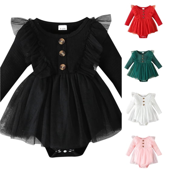 Baby Girls Solid Long Sleeve Dress Romper Bodysuit Outfits Clothes Long ...