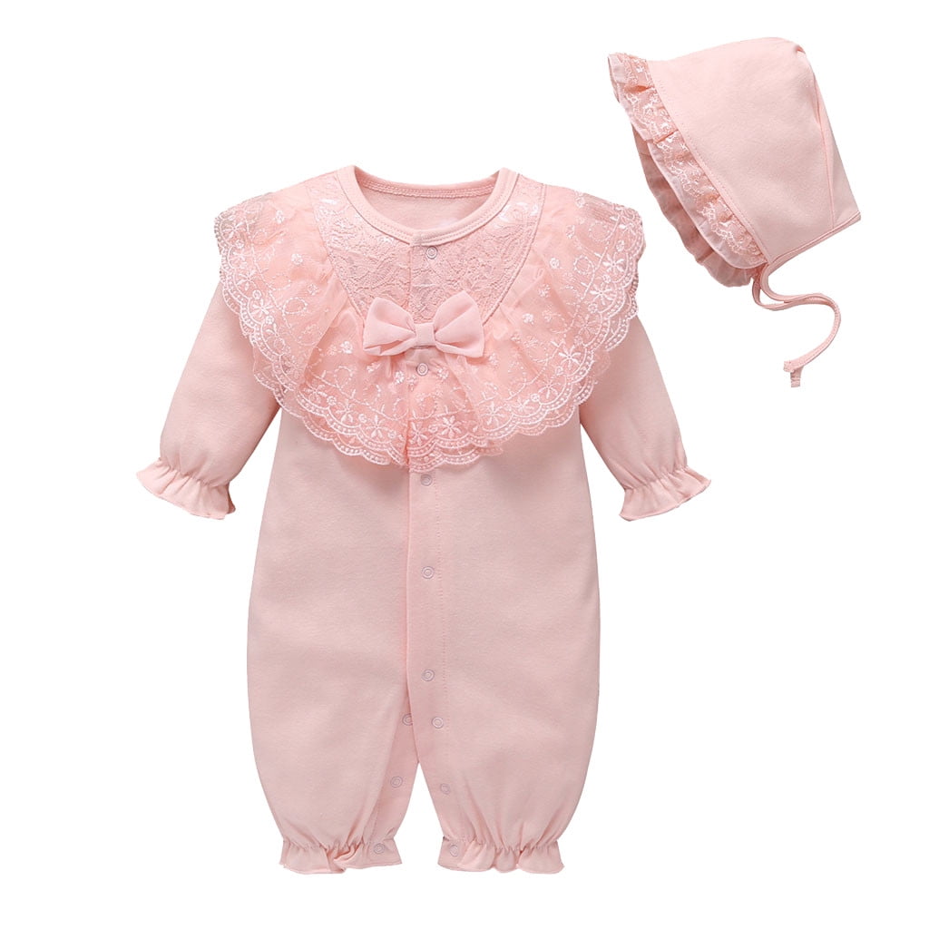 Baby Girls Solid Ruffles Lace Romper Jumpsuit+Hat Outfits Sets ...