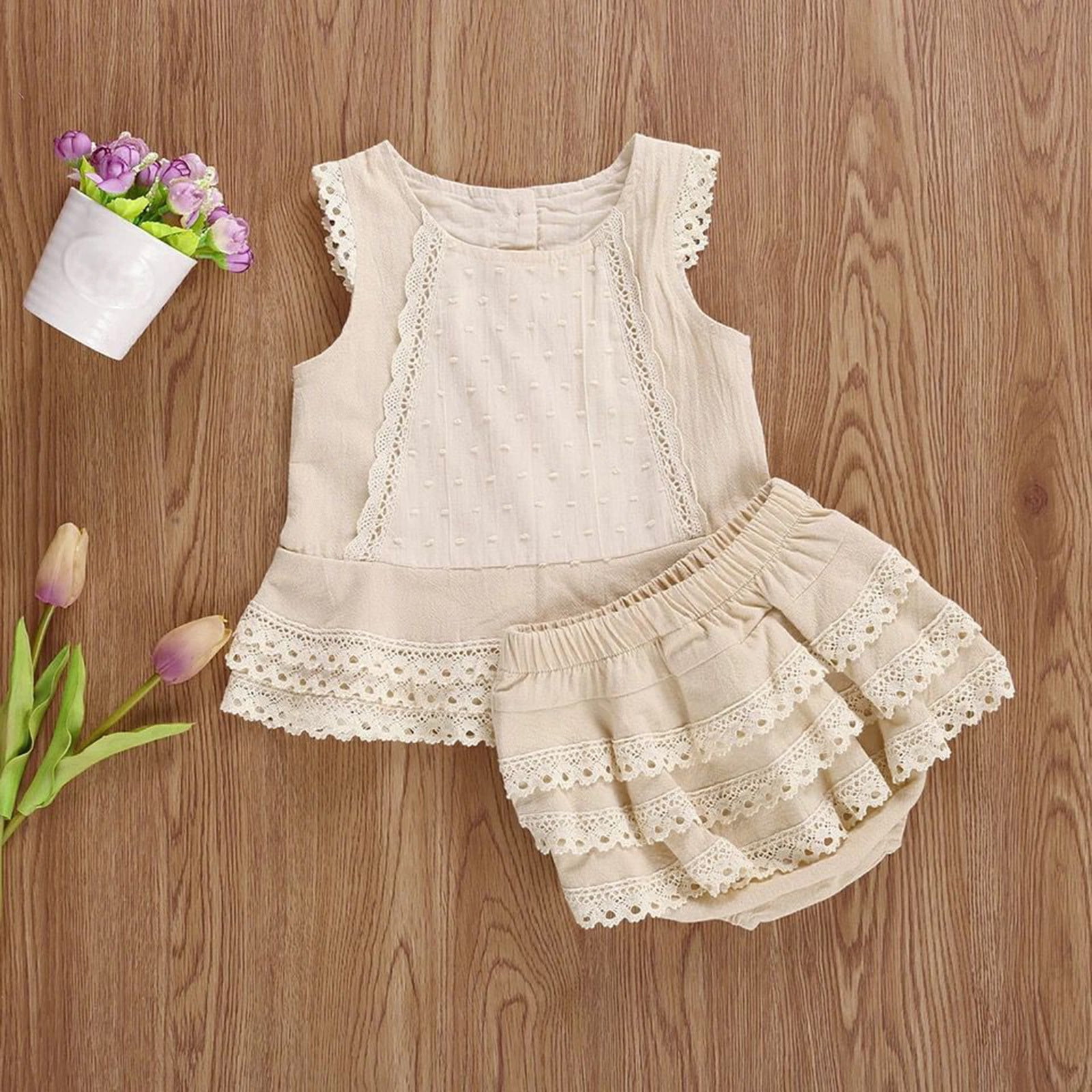 Baby Girls Spring Summer Solid Lace Ribbed Sleeveless Vest Shorts ...
