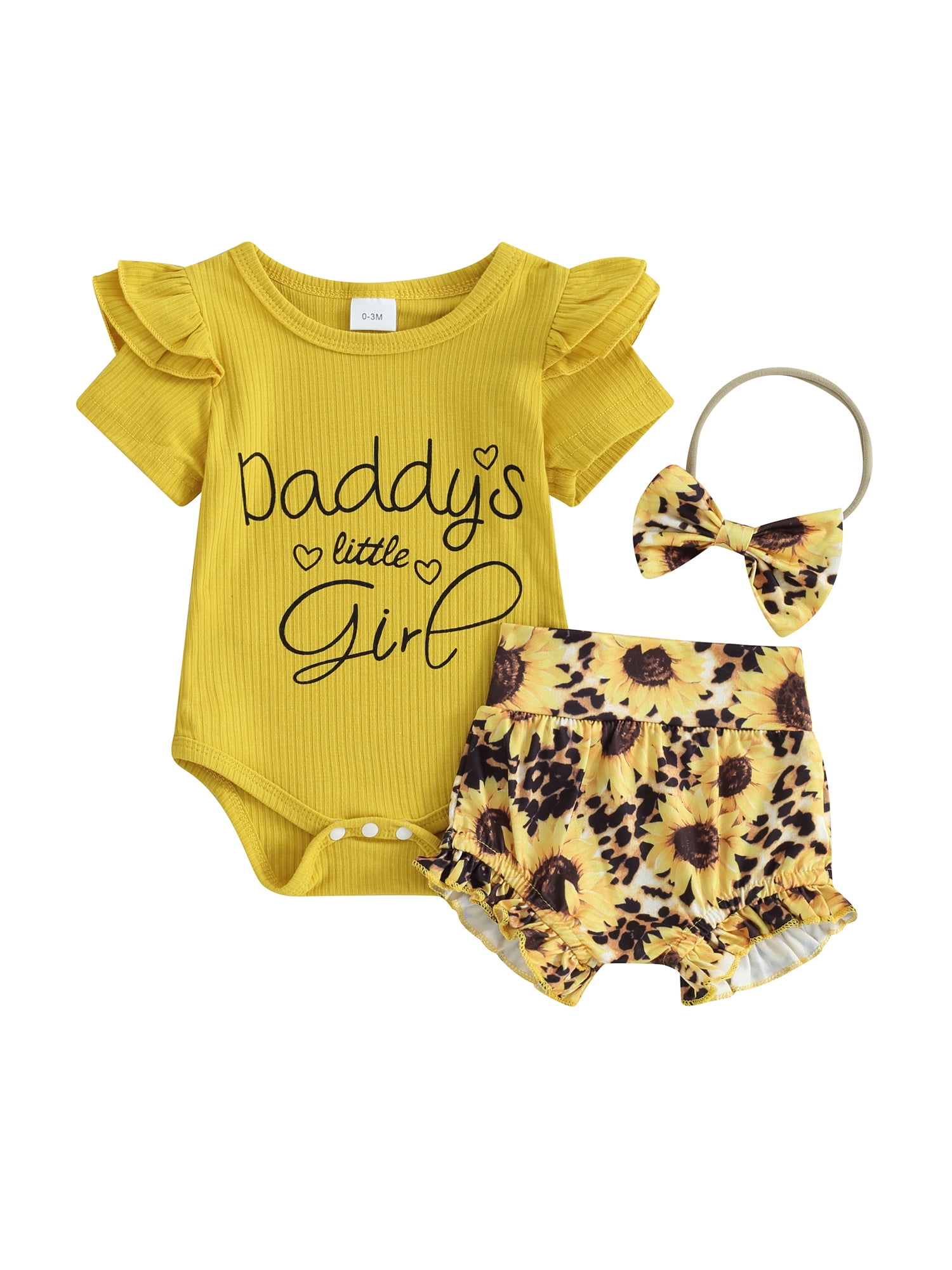 Baby Girls Summer Outfits Letter Print Short Sleeve Romper and Sunflower Shorts Cute Headband 3 ...
