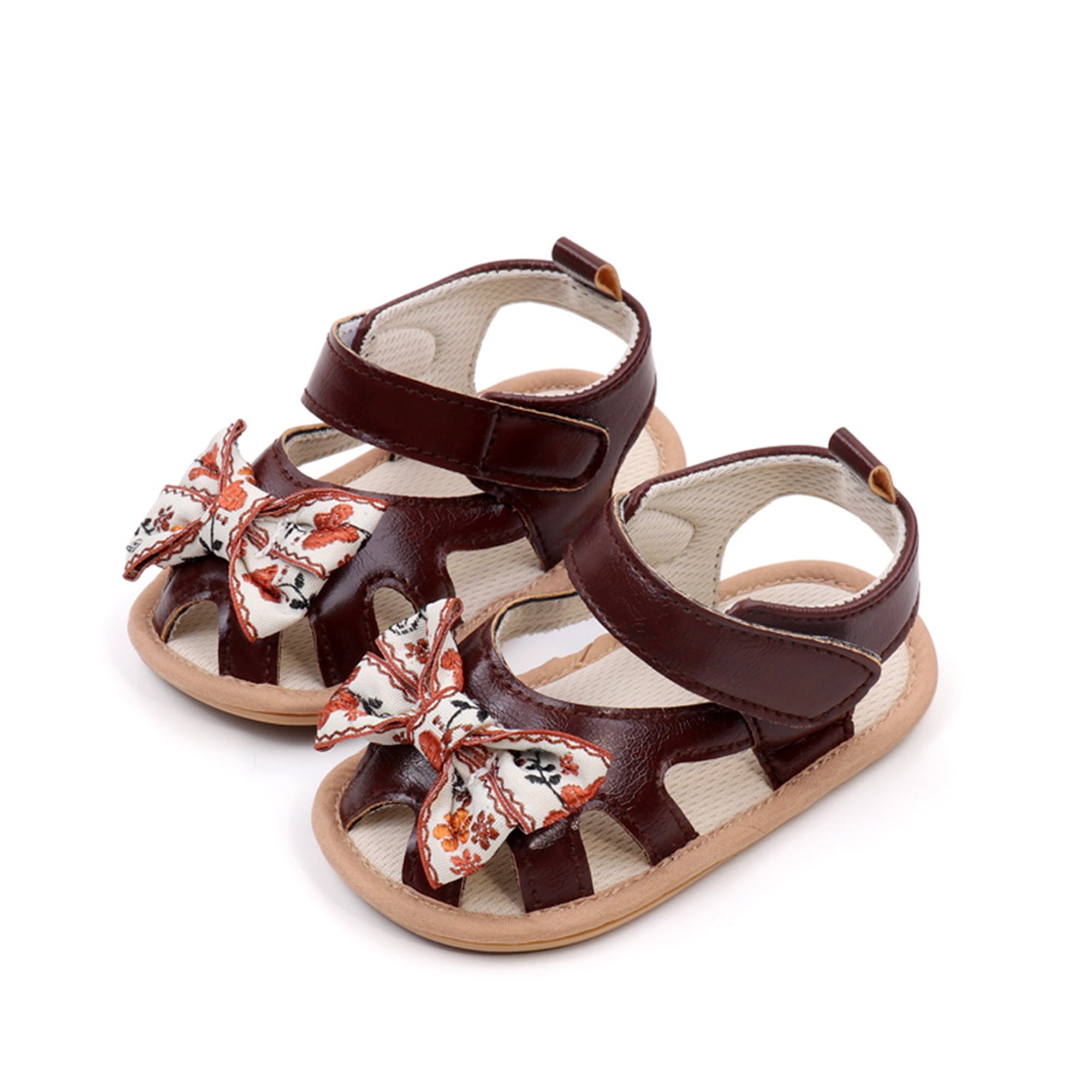Baby Girls Summer Sandals Newborn Infant Floral Embroidery Bow Decor Flat Shoes PU Leather ...