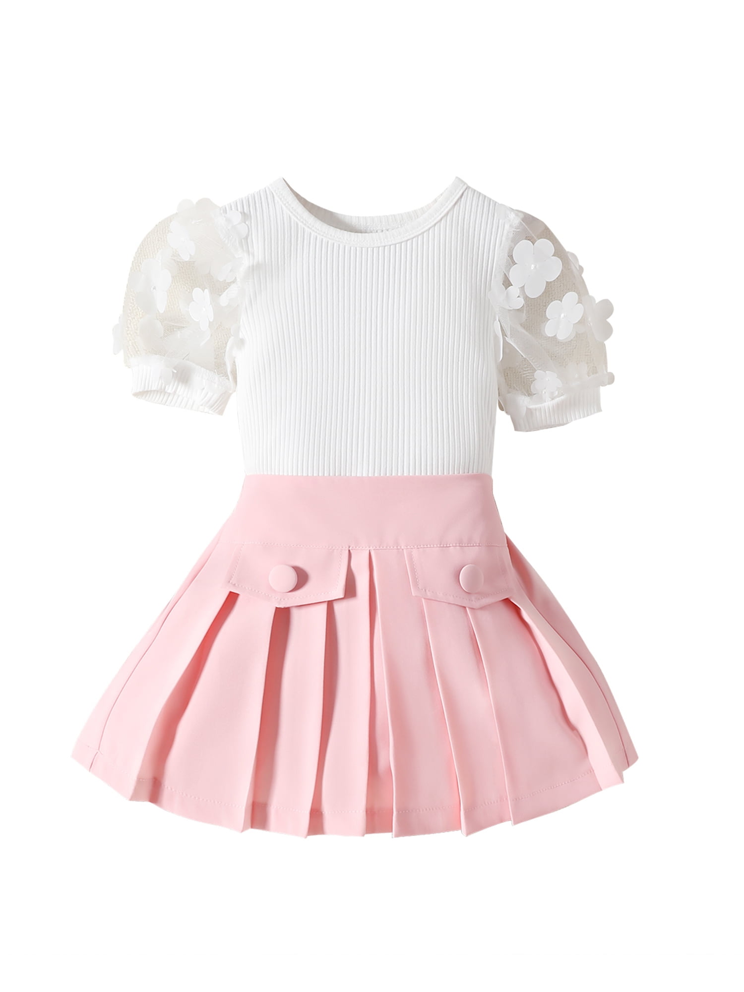Baby Girls Two Piece Outfits Flower Mesh Short Sleeve Tops and Pleated ...