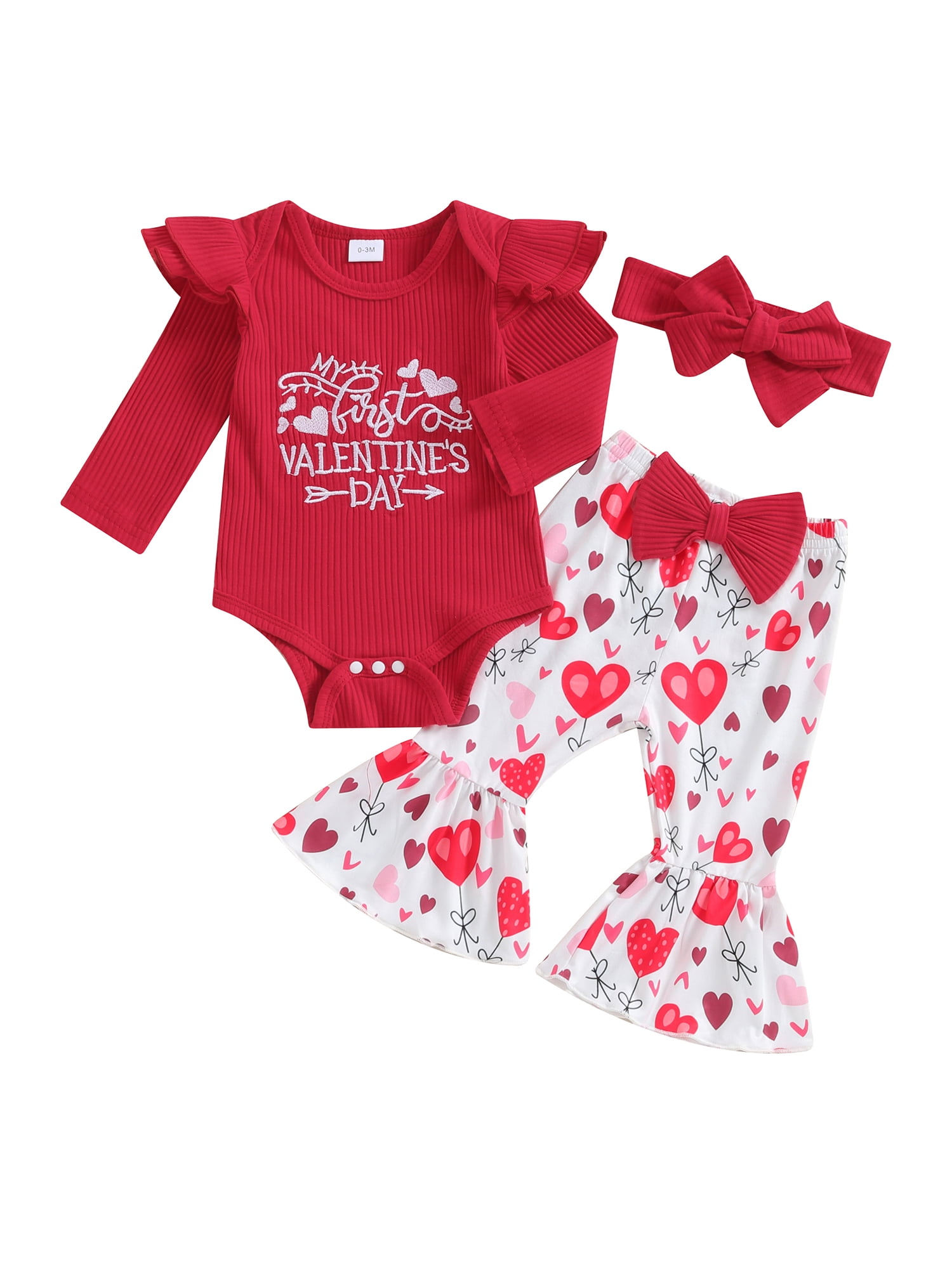 Baby Girls Valentine’s Day Outfits Embroidery Romper + Flare Pants + Headband Set Infant Clothes ...
