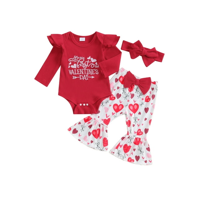 Baby Girls Valentine’s Day Outfits Embroidery Romper + Flare Pants + Headband Set Infant Clothes ...