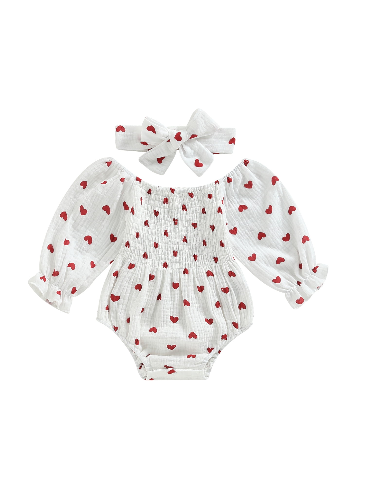 Baby Girls Valentine's Day Romper Heart Print Jumpsuits with Headband - Walmart.com