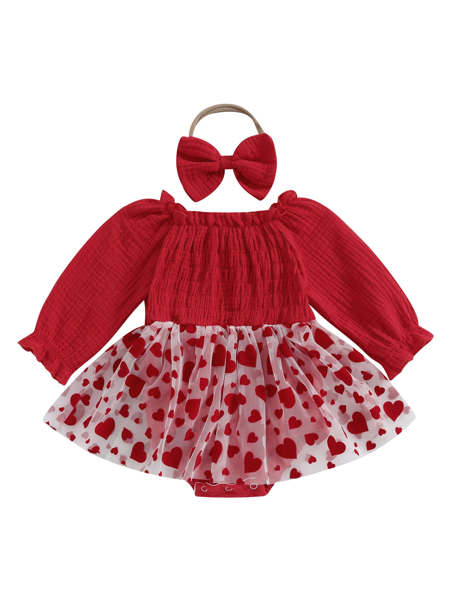 Baby Girls Valentine's Day Romper Long Sleeve Heart Print Romper Dress with Headband - Walmart.com