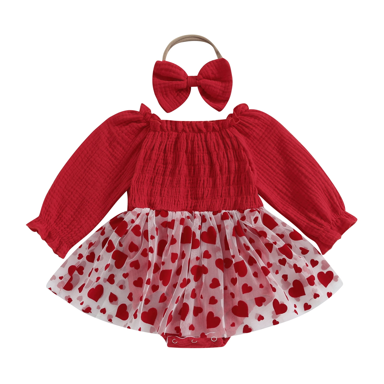Baby Girls Valentine's Day Romper Long Sleeve Heart Print Romper Dress with Headband - Walmart.com