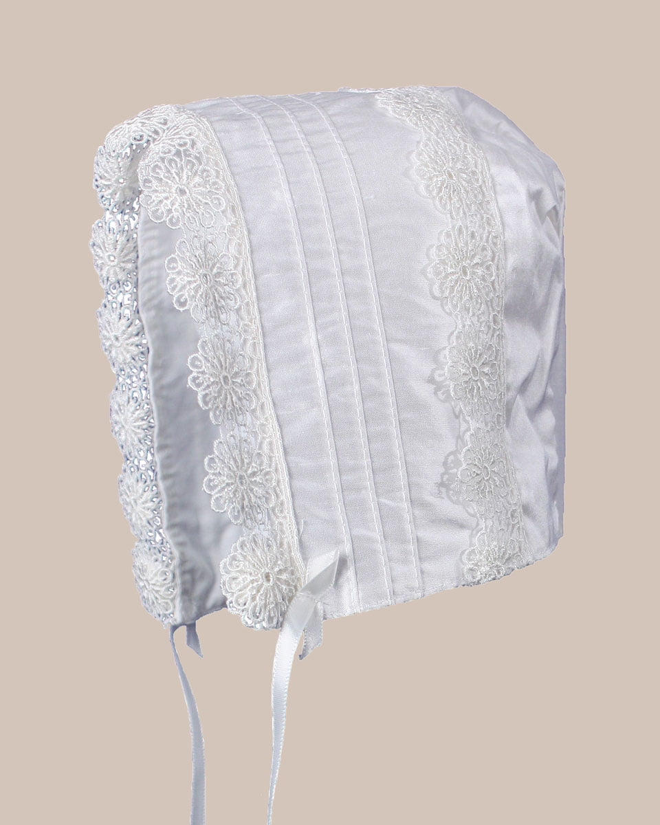 Baby Girls White Silk Christening Baptism Hat with Pin Tucking and Lace ...