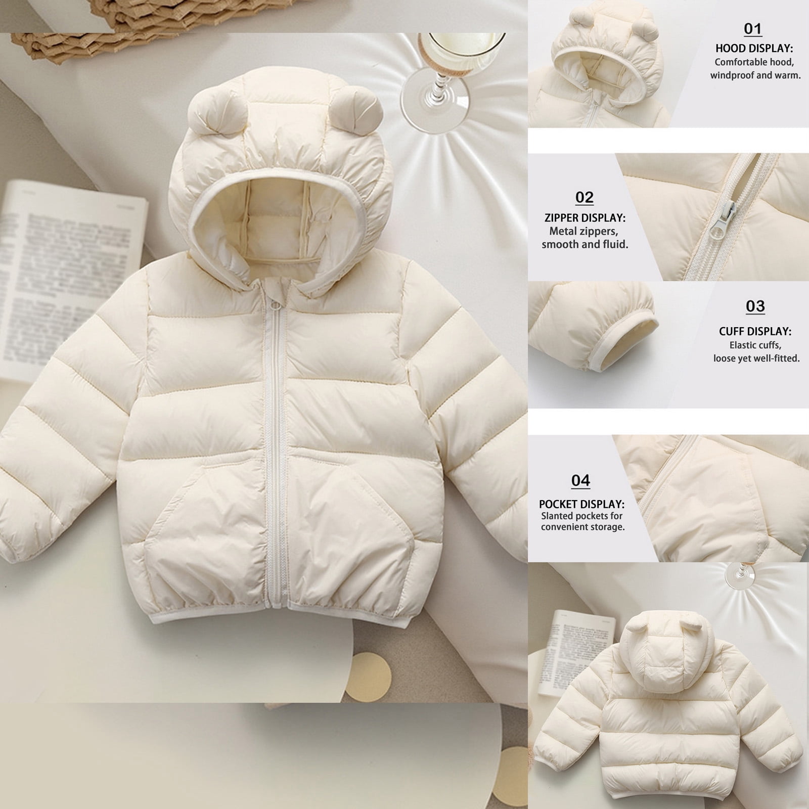 Baby Girls Winter Coat Baby Boys Puffer Coat Baby Hoodie with White Bear Ear Lightweight Puffer ...