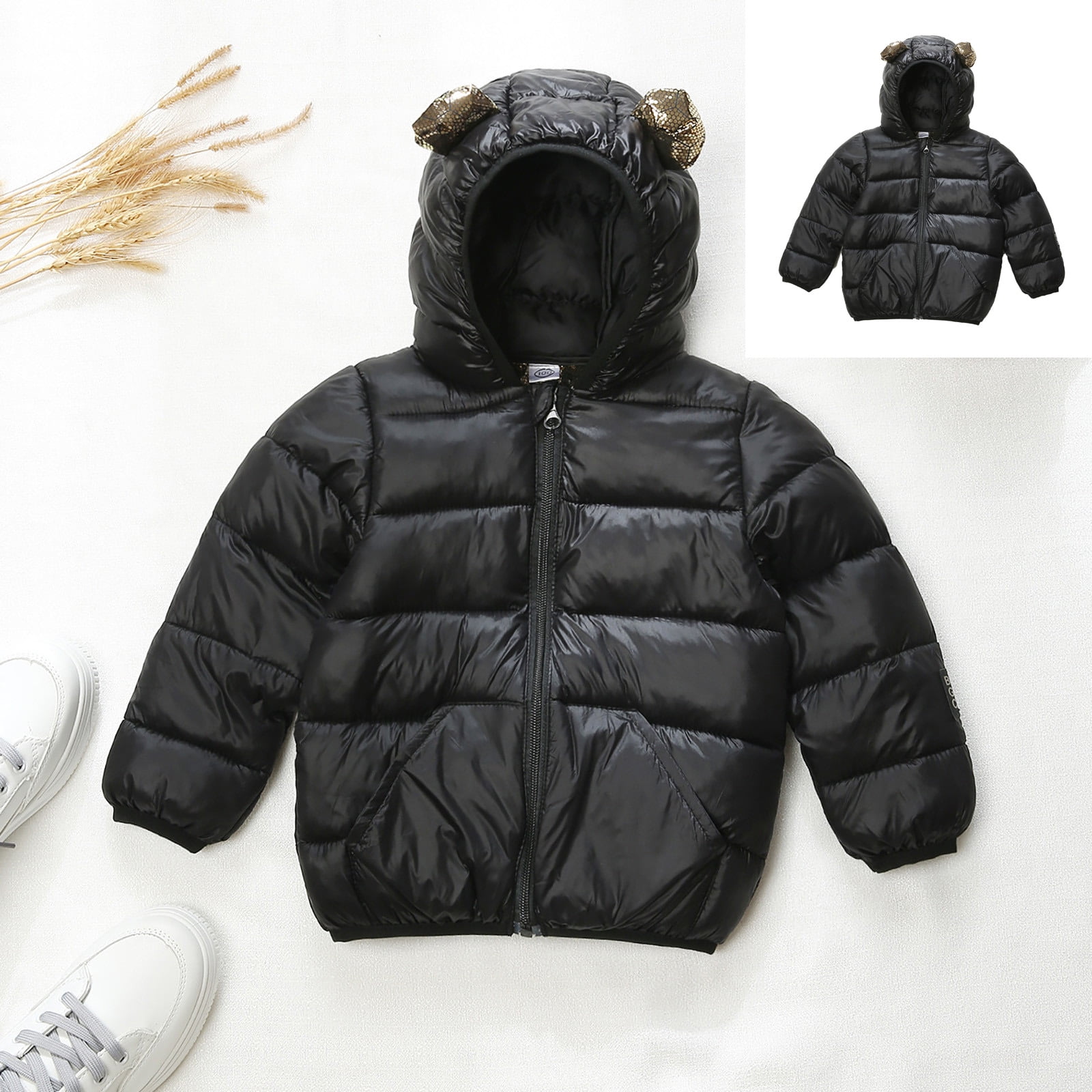 Baby Girls Winter Coat Toddler Puffer Coat Black Bear Ear Cute Jackets Zipper Up Down Coats for ...