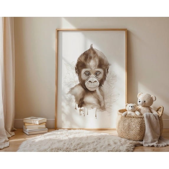 Baby Gorilla Wall Art, Sepia Floral Illustration, Unframed Paper Poster ...