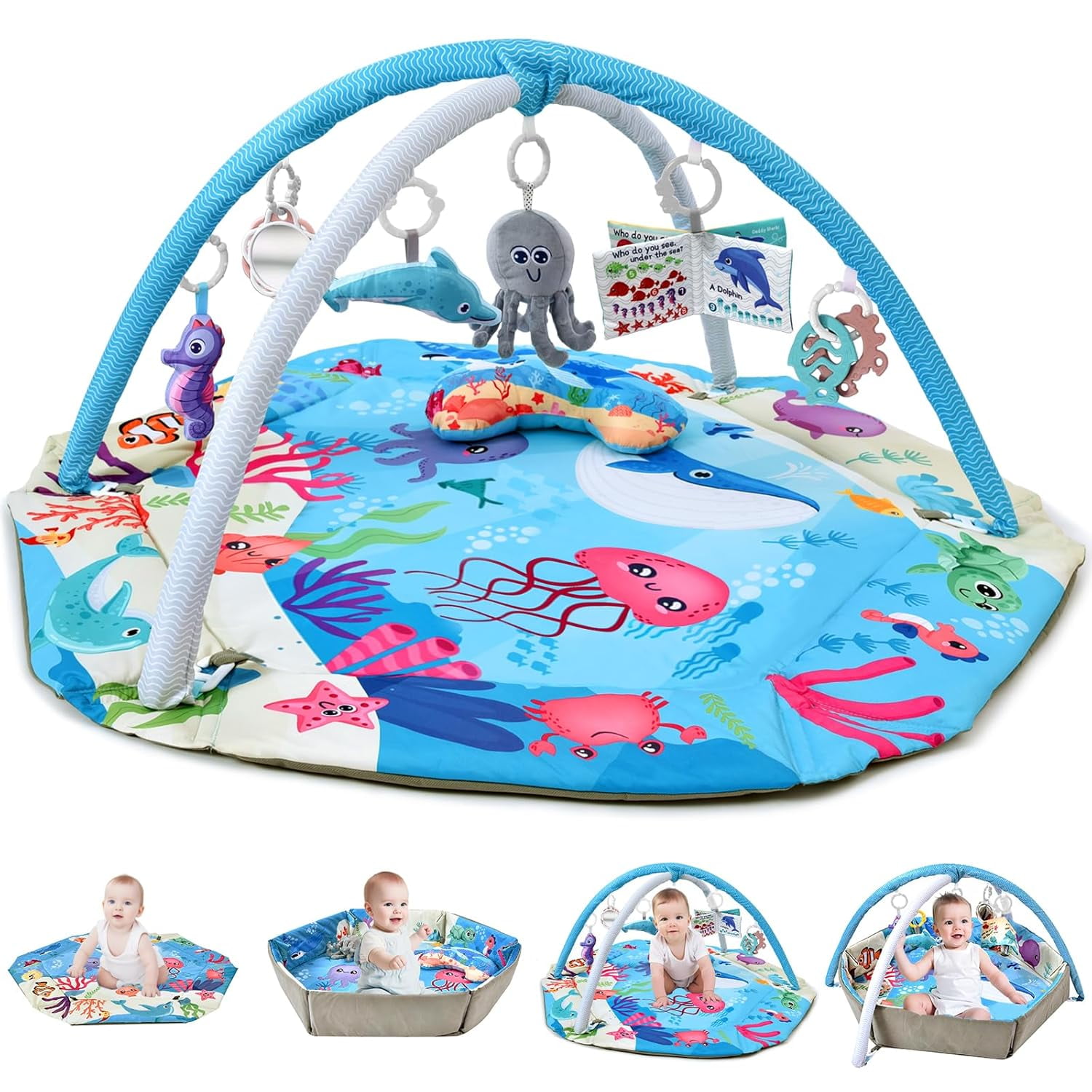 Baby Gym Play Mat, 8-in-1 Tummy Time Mat & Activity Gym, Washable Ball ...