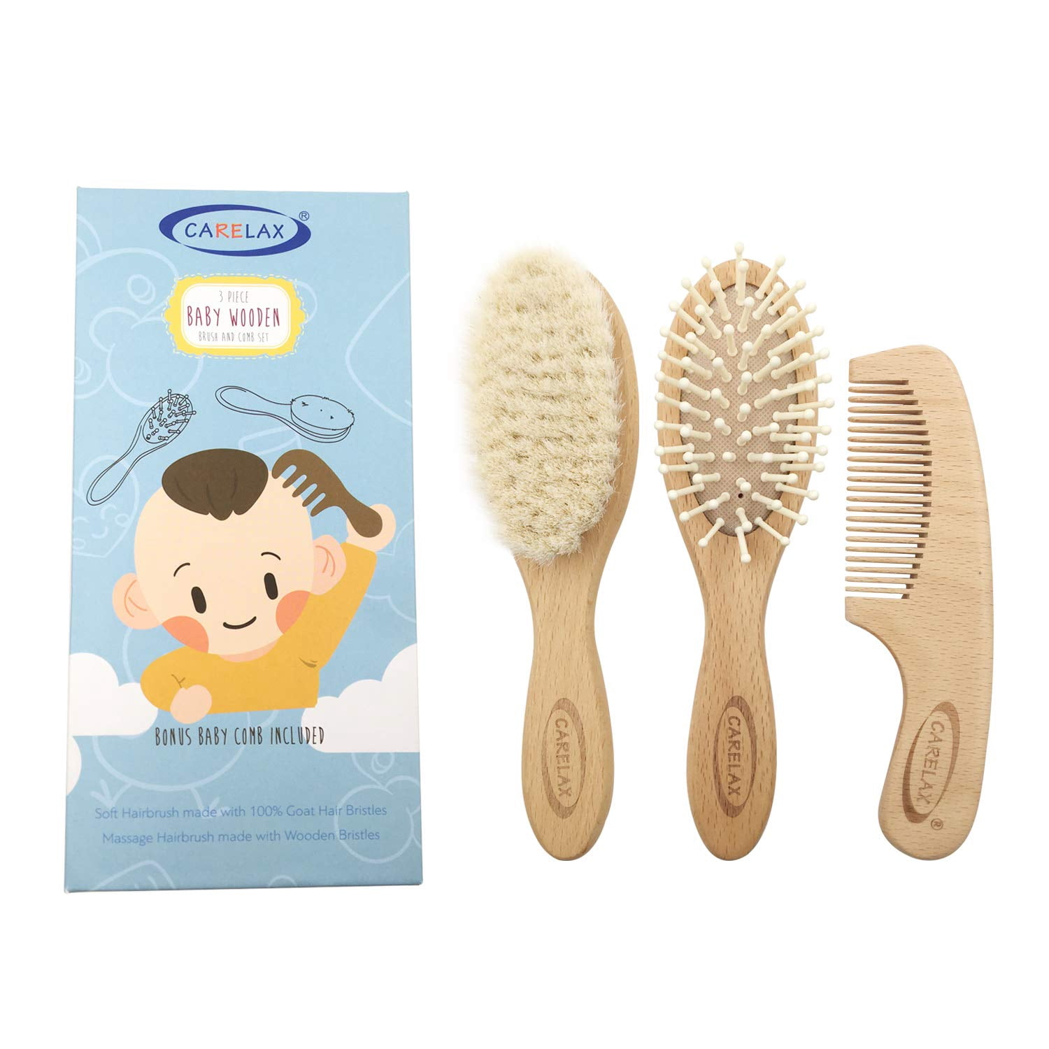 Baby Hair Brush & Comb Set, Organic Wooden Hairbrush Goat Bristles 3 ...