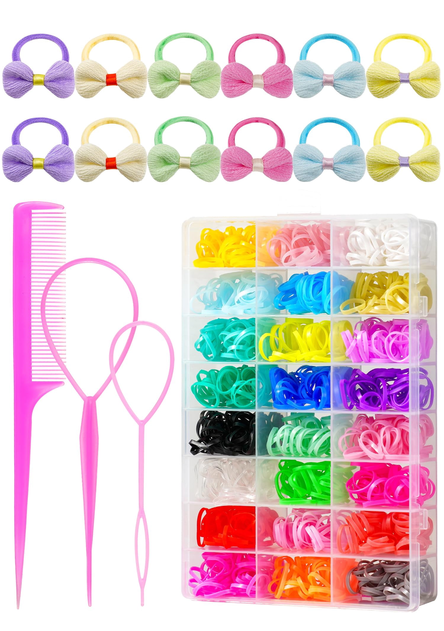 Baby Hair Ties - 24 Colors Rubber Bands for 12 Bow Ties, 5 Styling ...