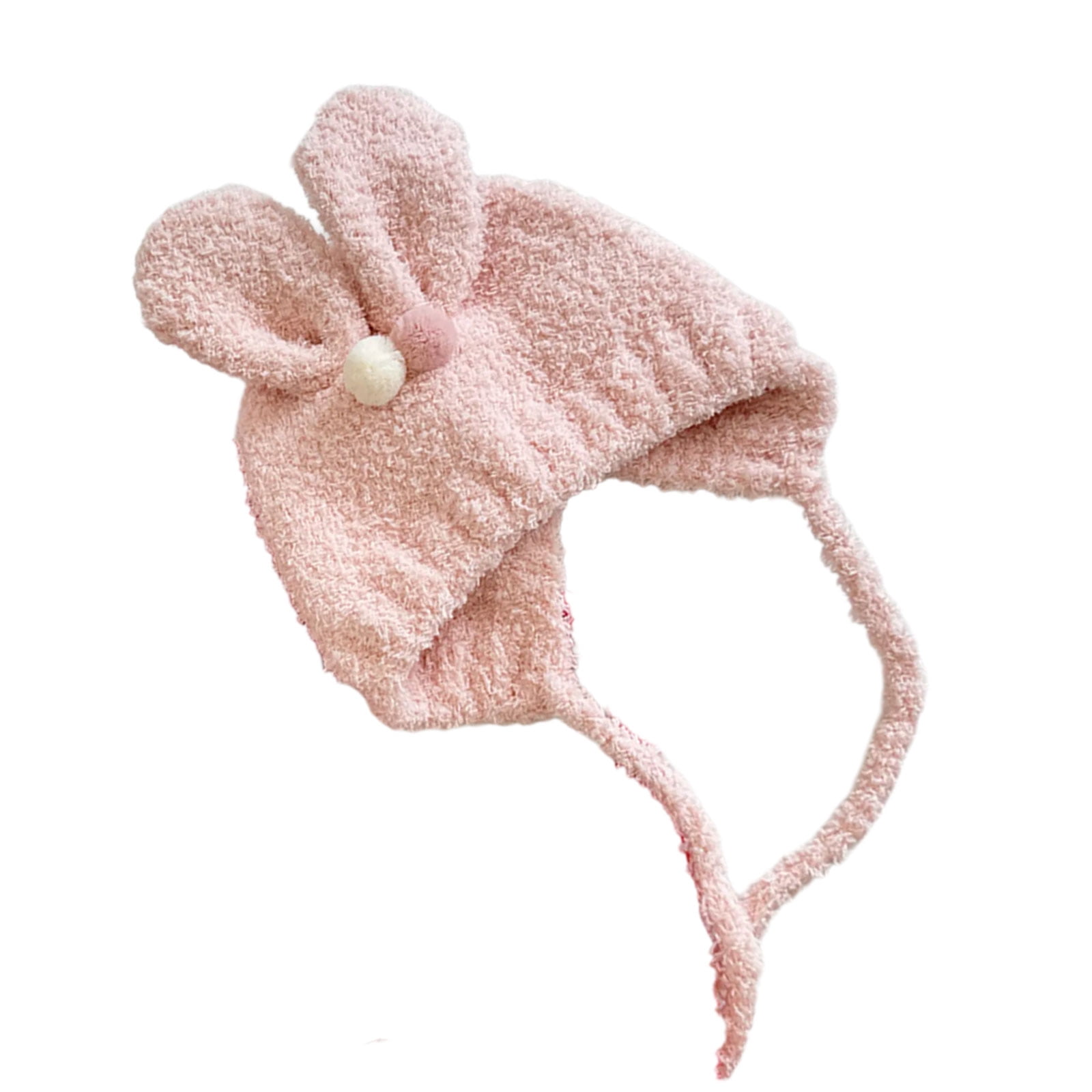 Baby Headgear with Tie Warm Lining Furry Pompoms Rabbits Ear Hat ...