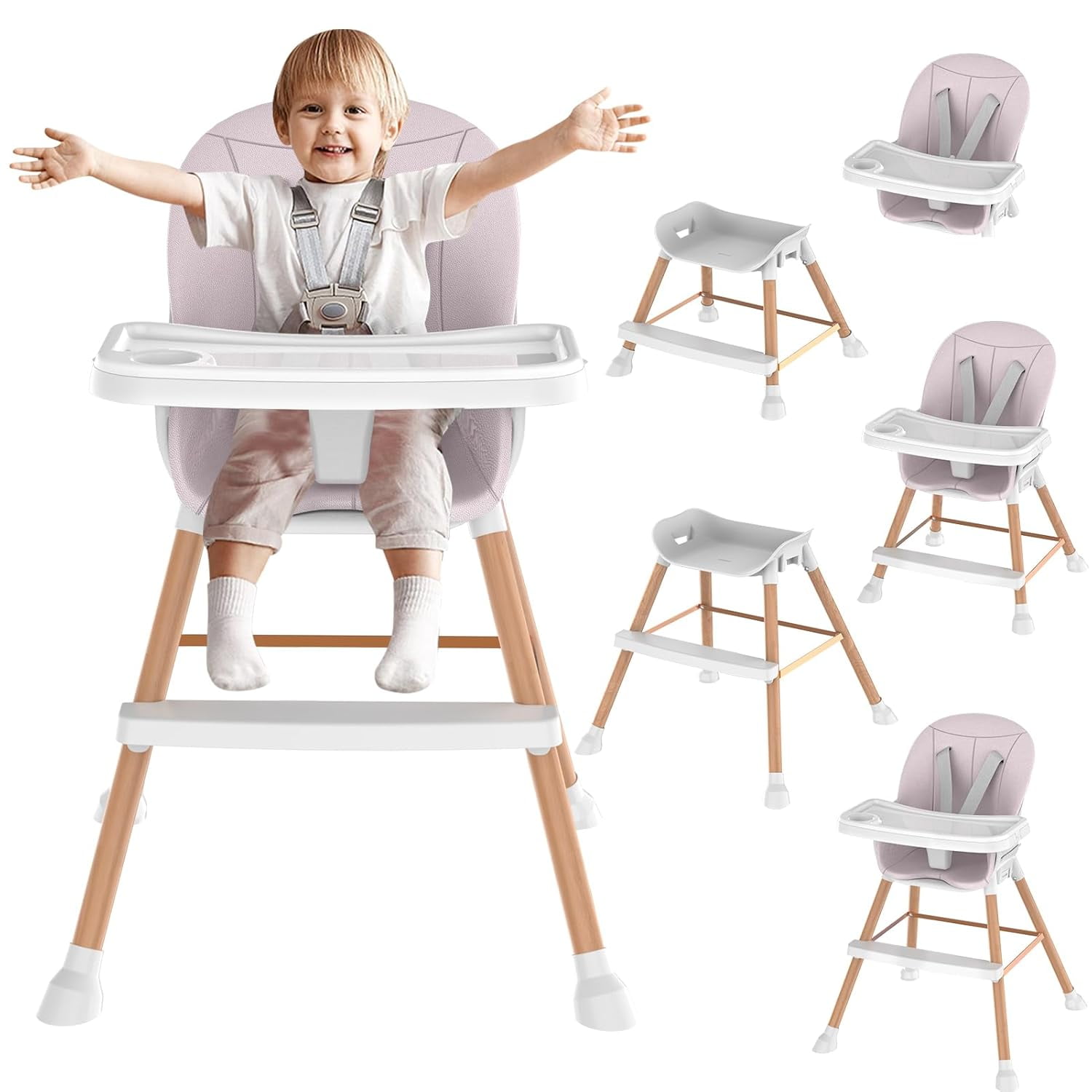 Baby High Chair, 6 in 1 Wooden High Chair, High Chairs for Babies ...