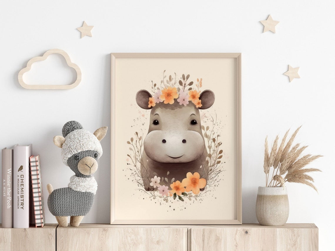 Baby Hippo Illustration Cute Animal With Floral Wreath Pastel Neutral ...