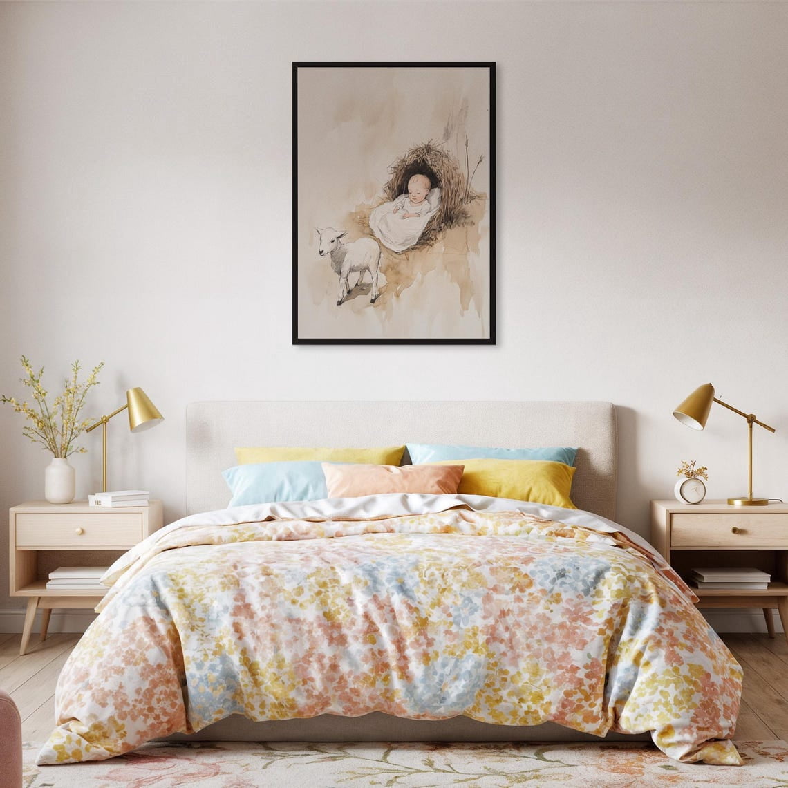 Baby In Manger Wall Art Poster Pastoral Lamb Illustration Soft ...